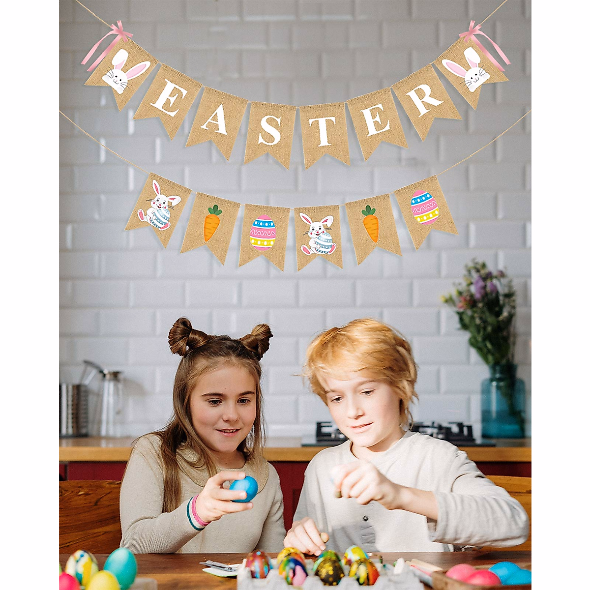 JOZON Easter Burlap Banner and Bunny Easter Eggs Carrot Burlap Banner Easter Banner Garland with Bunny Rabbit Signs and Bows Easter Decorations Party Decor for Easter Spring Party Supplies