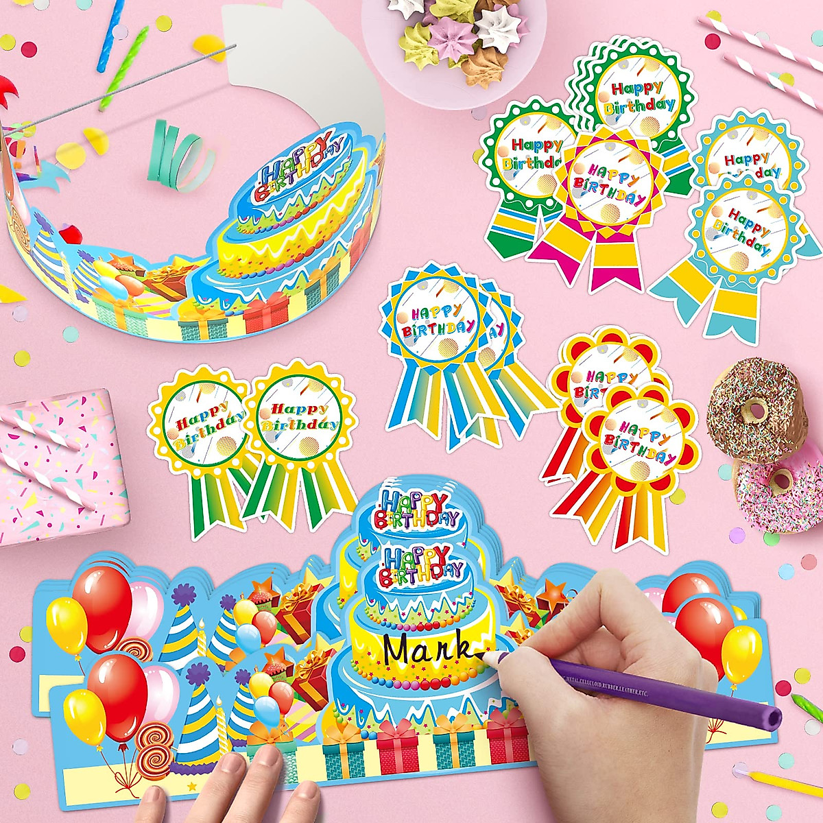 90 Pcs Happy Birthday Kits for Kids Classroom, Include Happy Birthday Crowns, Silicone Stretches, Badge Stickers, Students Kindergarten Birthday Party Hats for School Teacher Classroom Party Supplies