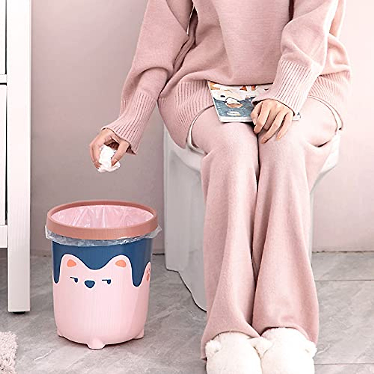 Rubbish Garbage Bin, Cute Huggable Bear Pressure Ring Trash Can Bedroom Living Room Kitchen Bathroom Paper Basket Large Capacity Bucket Waste Bin Pink 9.84" x 8.66"