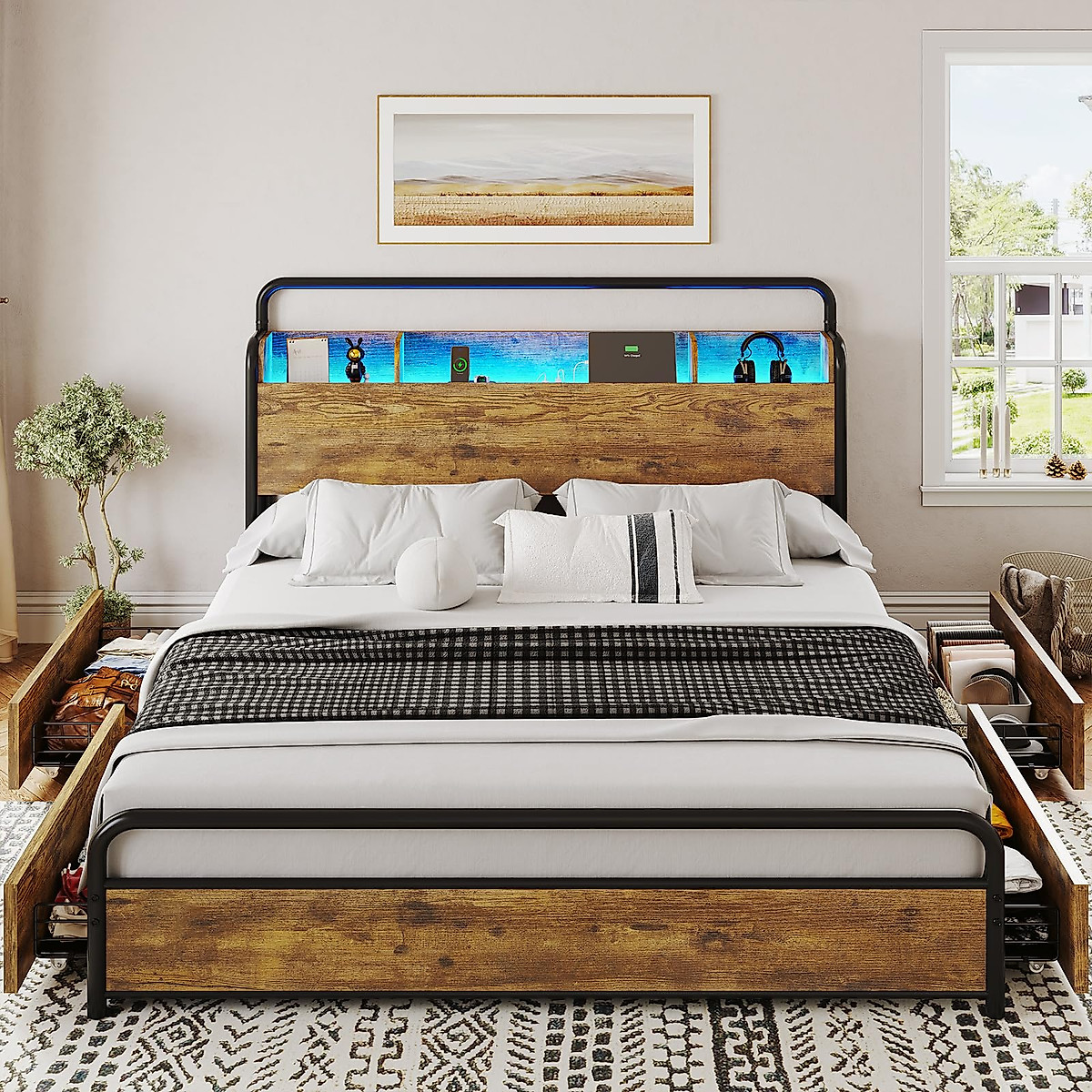 DICTAC Queen Bed Frame with Storage Headboard and Charging Station Metal Platform Bed Frame with Led Lights Queen Size Led Bed Frame with 4 Drawers,No Box Spring Needed, Noise-Free, Rustic Brown