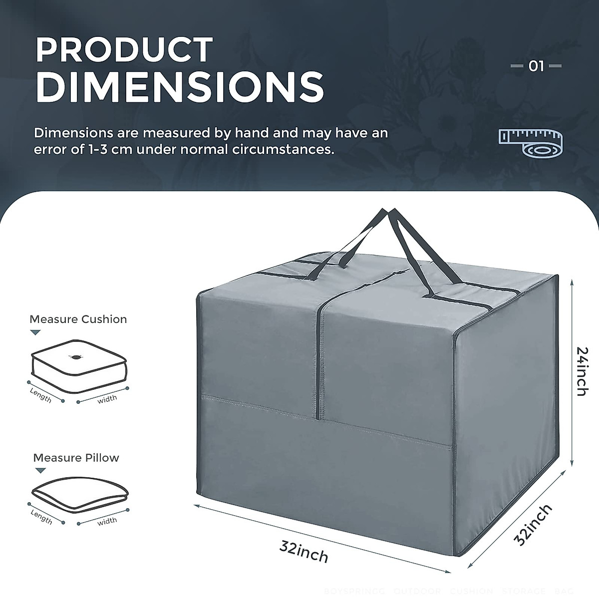 boyspringg Outdoor Cushion Storage Bag, 420D Waterproof Fabric, Outdoor Cushion Storage, 32'' x 32'' x 24'', Patio Cushion Storage Bag for Outdoor Furniture, Cushion, Pillow etc.（Grey）