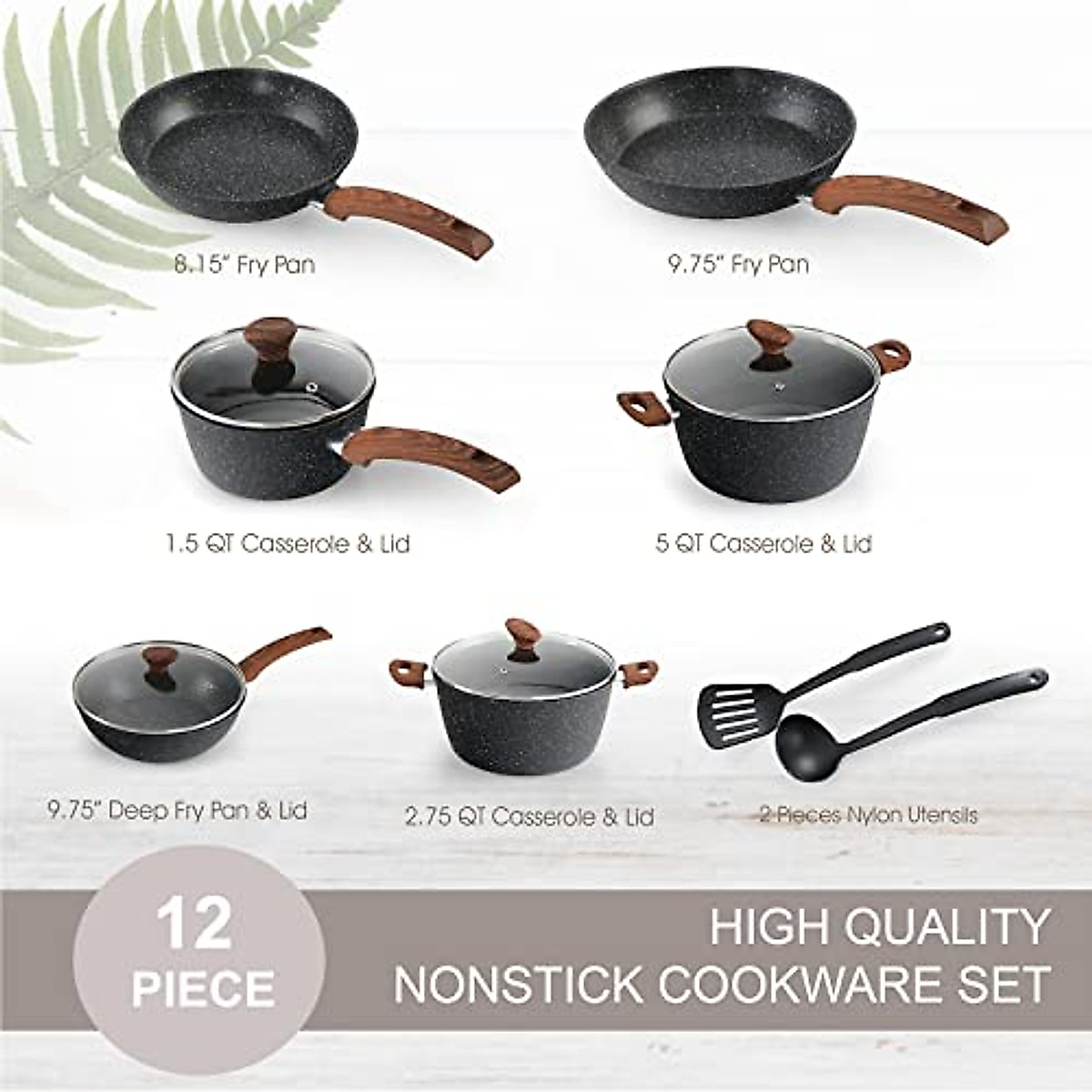 MAISON ARTS 12 Piece Pots and Pans Set Kitchen Cookware Sets Nonstick Granite Cooking Set for Induction & Dishwasher Safe, Oven, Stovetop, Black