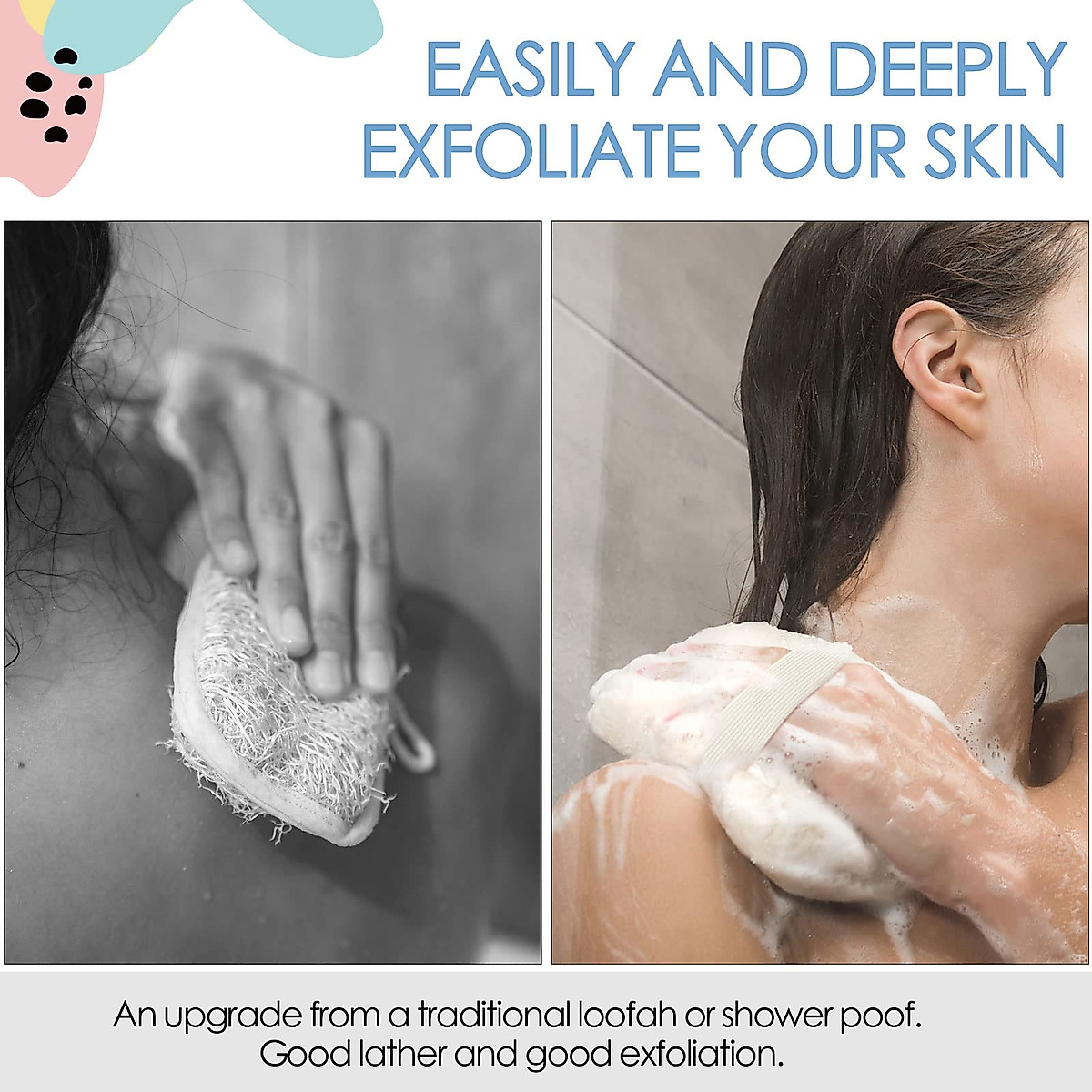 Evridwear Exfoliating Bath Sponge, Daily Skincare Body Scrubbers Loofah Shower Pads with Strap for Body Cleansing, Dead Skin Cell Remover, 3 Count Value Pack(Macaroon)