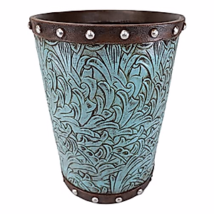Ebros Gift Rustic Western Sculpted Turquoise Floral Patterns Flower Scroll Art with Faux Tooled Leather Nailhead Borders Bathroom Accessory (Dry Waste Basket Trash Bin)