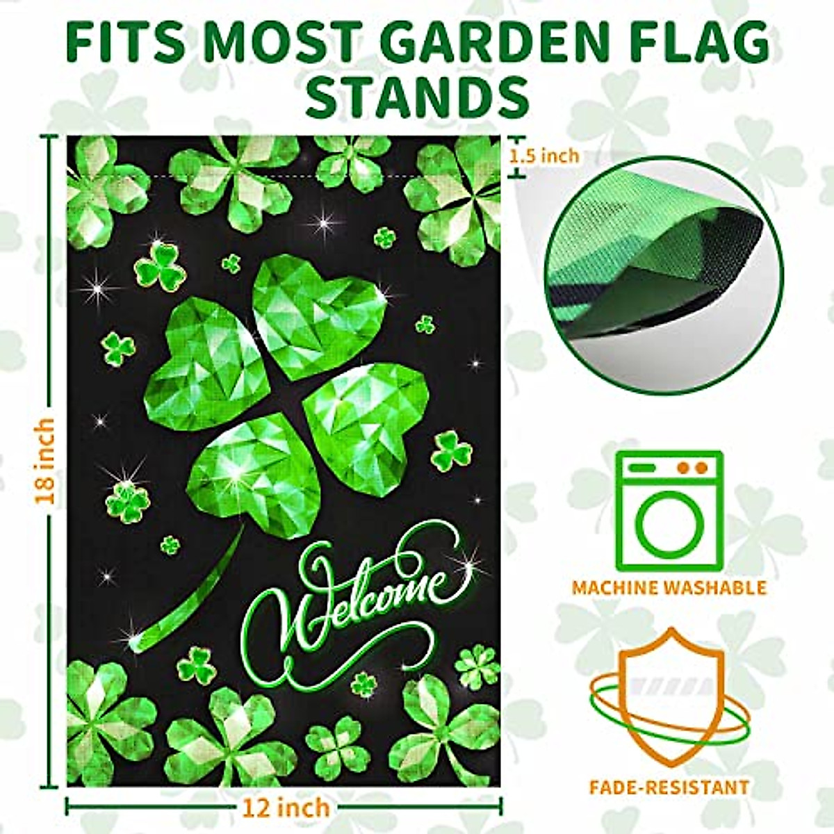 Funux St Patricks Day Garden Flag 12×18 Inch Double Sided Green Shamrock Clover Welcome Small Outside Vertical Holiday Yard Decor