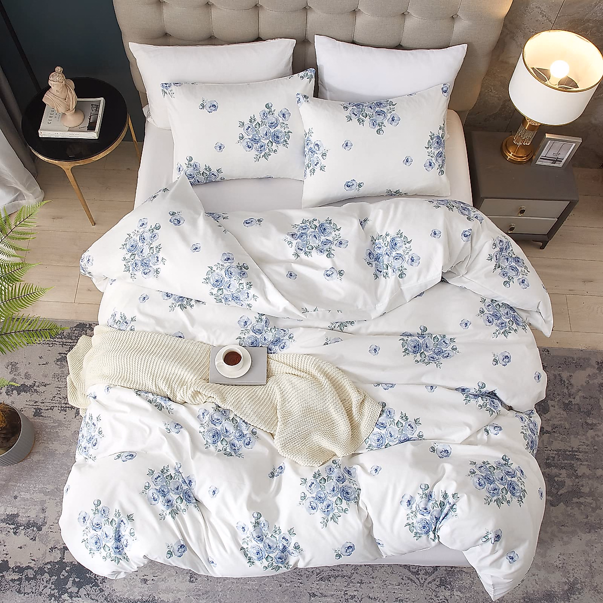 HYPREST Floral Duvet Cover Set King Size, 3 Pieces Blue Floral Farmhouse Duvet Cover Set- Soft, Lightweight & Breathable, Standard 100 by Oeko-Tex(No Comforter)