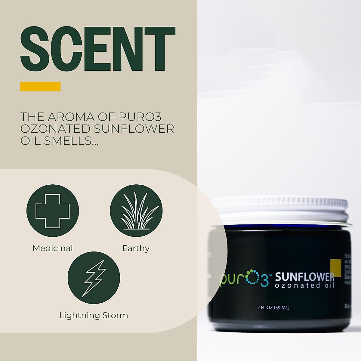 Pur O3 Fully Ozonated Sunflower Oil - Pure, Natural, Organic Ozonated Oil - Sunflower Oil Skin Care from Oxygenated, Ozonized Sunflower Oil - Ozone Oil in a Glass Jar, 2 oz