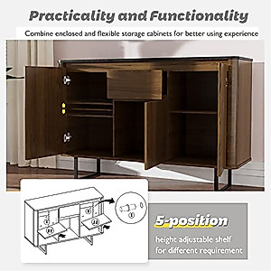SILKYDRY Sideboard Buffet Cabinet, Kitchen Storage Cabinet w/Adjustable Shelves, Large Drawer, 3 Doors & Metal Legs, Cupboard Console Table for Living Room, Dining Room, Entryway, Hallway (Walnut)
