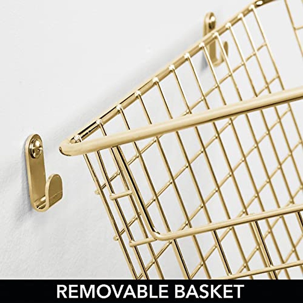 mDesign Wallmount Metal Storage Basket Tray with Handles - Decorative Organizer for Hanging in Entryway, Mudroom, Bedroom, Bathroom, Laundry Room - Small - Hooks Included - Soft Brass