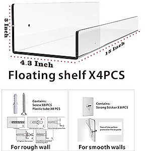 Cq acrylic 4 Pack Clear Acrylic Floating Wall Ledge Shelf,15" Invisible Wall Mounted Nursery Kids Floating Bookshelf for Kids Room,U Modern Picture Ledge Display Toy Storage Wall Shelf,Clear
