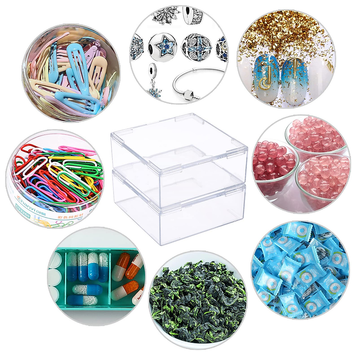 BTSKY Clear Plastic Small Storage Containers with Lid Mini Clear Boxes for Organizing Stackable Paper Clips Holder Multi-use Bead Organizers for Clips, Rhinestones, Hairpins and Candy, 2PCS Square
