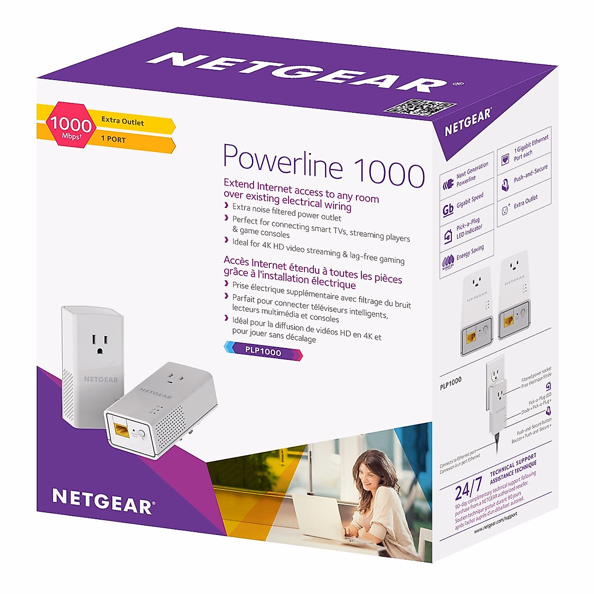 NETGEAR PowerLINE 1000 Mbps, 1 Gigabit Port with Pass-Through, Extra Outlet (PLP1000-100PAS)