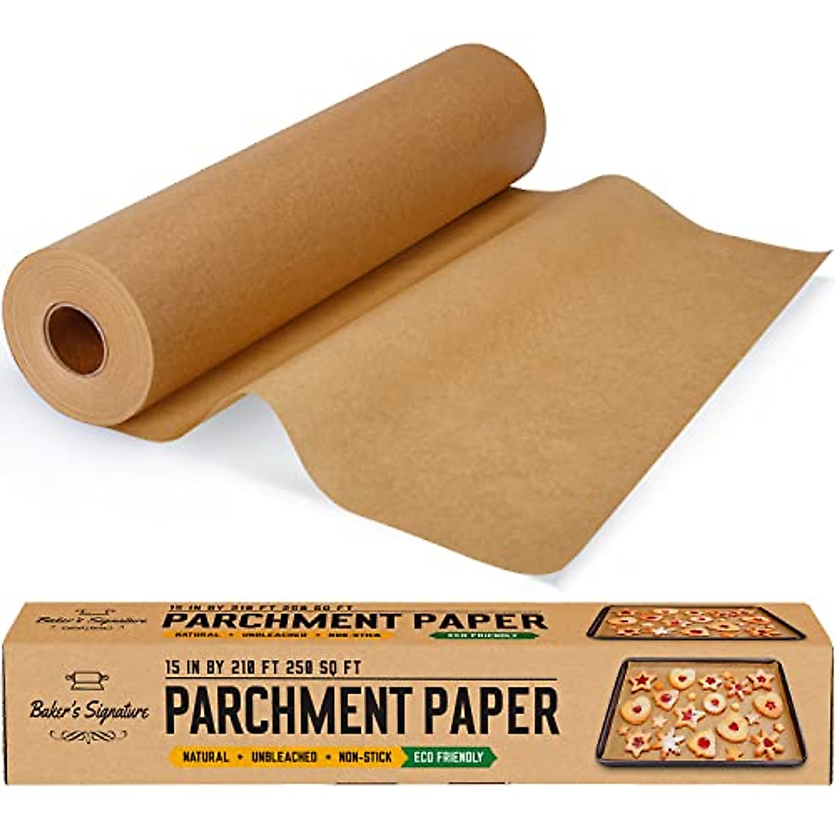 Unbleached Parchment Paper Roll 15 in x 210 ft 260 Sq.Ft Paper Baking Paper by Baker’s Signature | Silicone Coated – Will not Soak Through or Burn – Non-Toxic & Comes in Convenient Packaging
