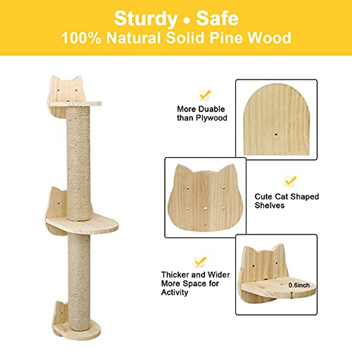 Wall Mounted Cat Scratching Post - Sisal Cat Scratcher Solid Wood Cat Wall Shelves Steps Cat Furniture for Indoor Large Cats Kittens, 38 Inch Tall Cat Ladder Post Tree in Mutil- Assembly Ways