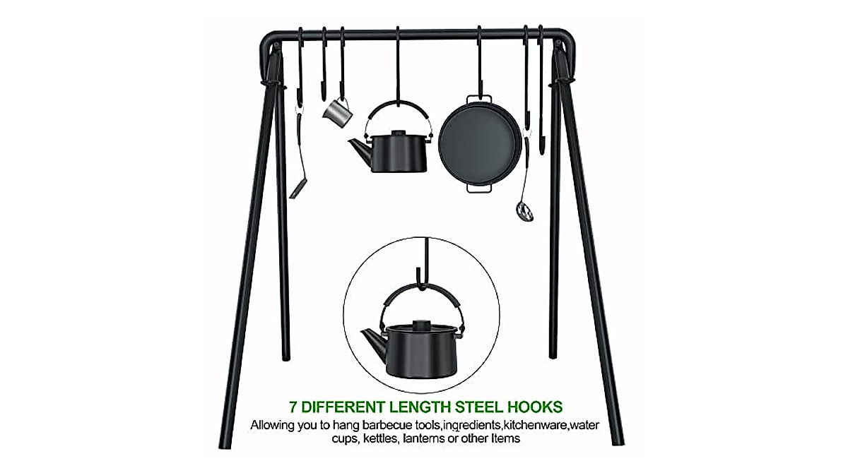 38" Campfire Grill Stand with Adjustable Swing & Hooks for Outdoor Cooking