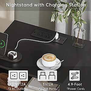 Diliplain Nightstand with Charging Station, Black Night Stand with LED Lights, Modern Side Table with Drawers and Open Shelf, End Table with Solid Wood Legs for Bedroom