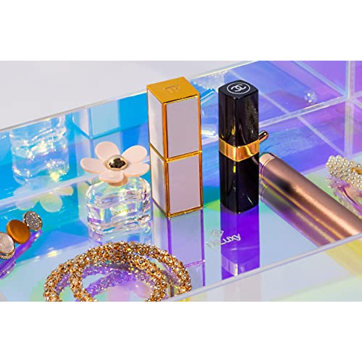 Iridescent Acrylic Bathroom Tray, Vanity Serving Tray with Gold Handle, Home Decor, Tray for Bathroom Countertop, Cosmetic Organizer, Glass Tray for Vanity, Bedroom Counter Tray