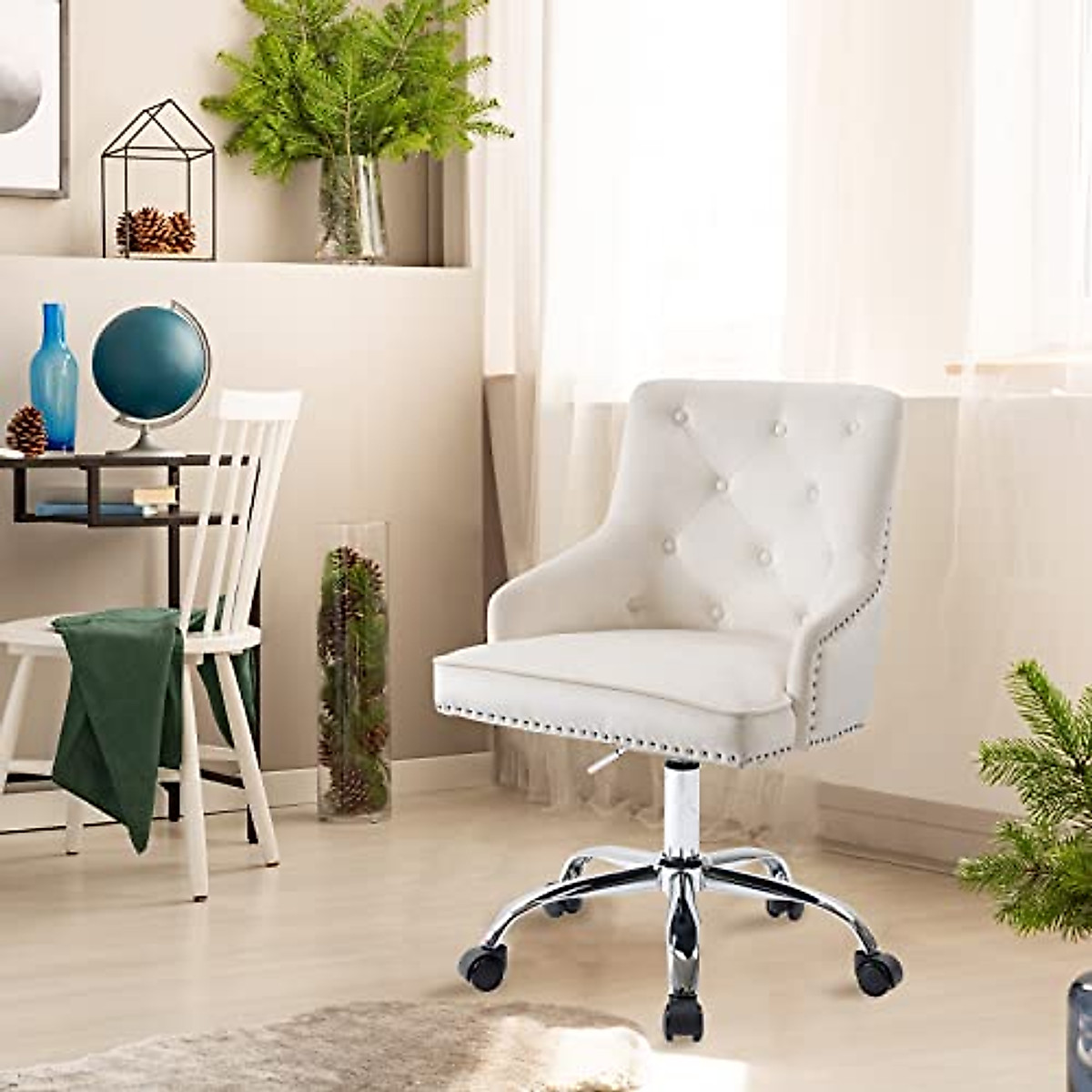 ATTICA Home Office Desk Chair with Soft Foam Seat Cushion 360 Degree Swivel and Rivets Design, Velvet Office Chair(White)