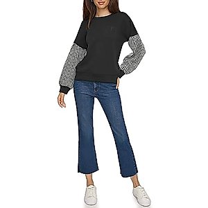 Karl Lagerfeld Paris Women's Houndstooth Detail Long Sleeve Blouse, Black