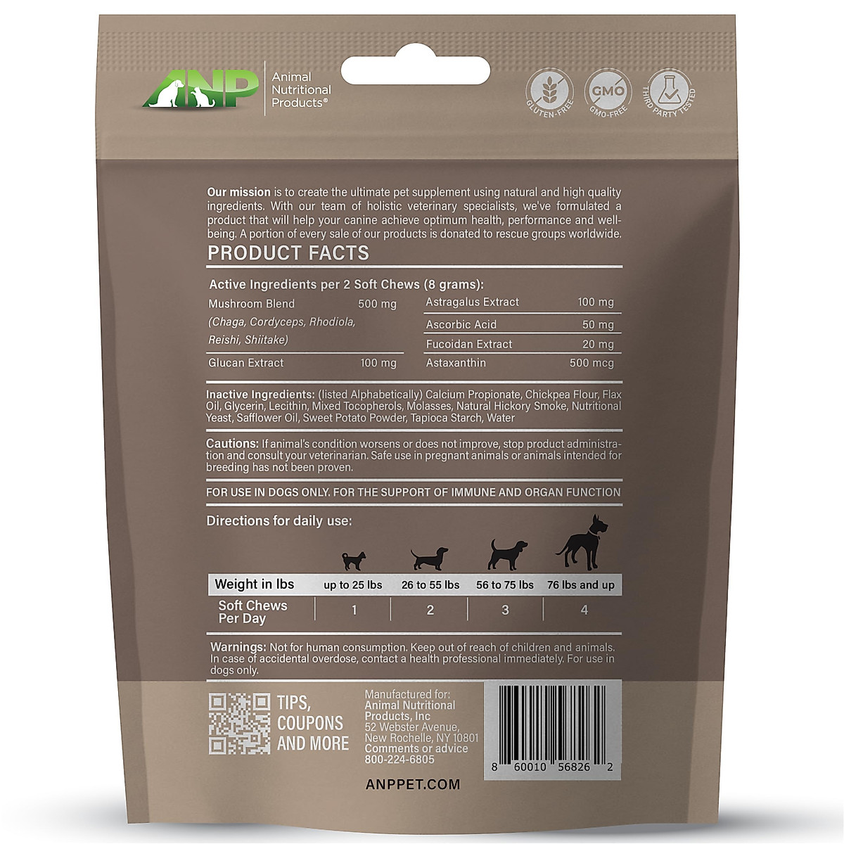 ANP Enhance Your Dog's Health with Mushroom Immune Supplement Boosting Dog Chews - No Animal Protein Formula - Vitality, Longevity, and Gut Health - Potent Reishi, Chaga, and Shiitake Mushrooms