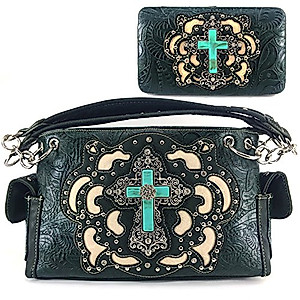 Justin West Tooled Turquoise Stone Cross Rhinestone Laser Cut Shoulder Chain Concealed Carry Handbag Purse Wallet Messenger (Olive Handbag and Wallet)