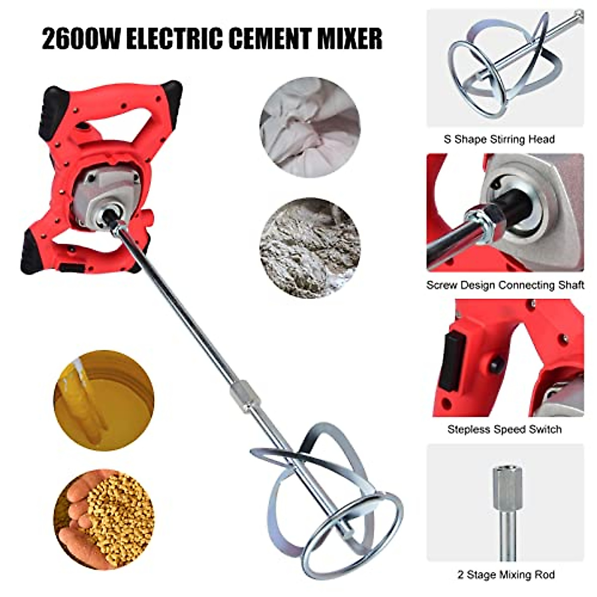 Handheld Concrete Cement Mixer 2100W Electric Mortar Mud Plaster Grout Paint Stirrer for Drill 6 Speed Adjustable Concrete Mix Stirring Tool AC 110V