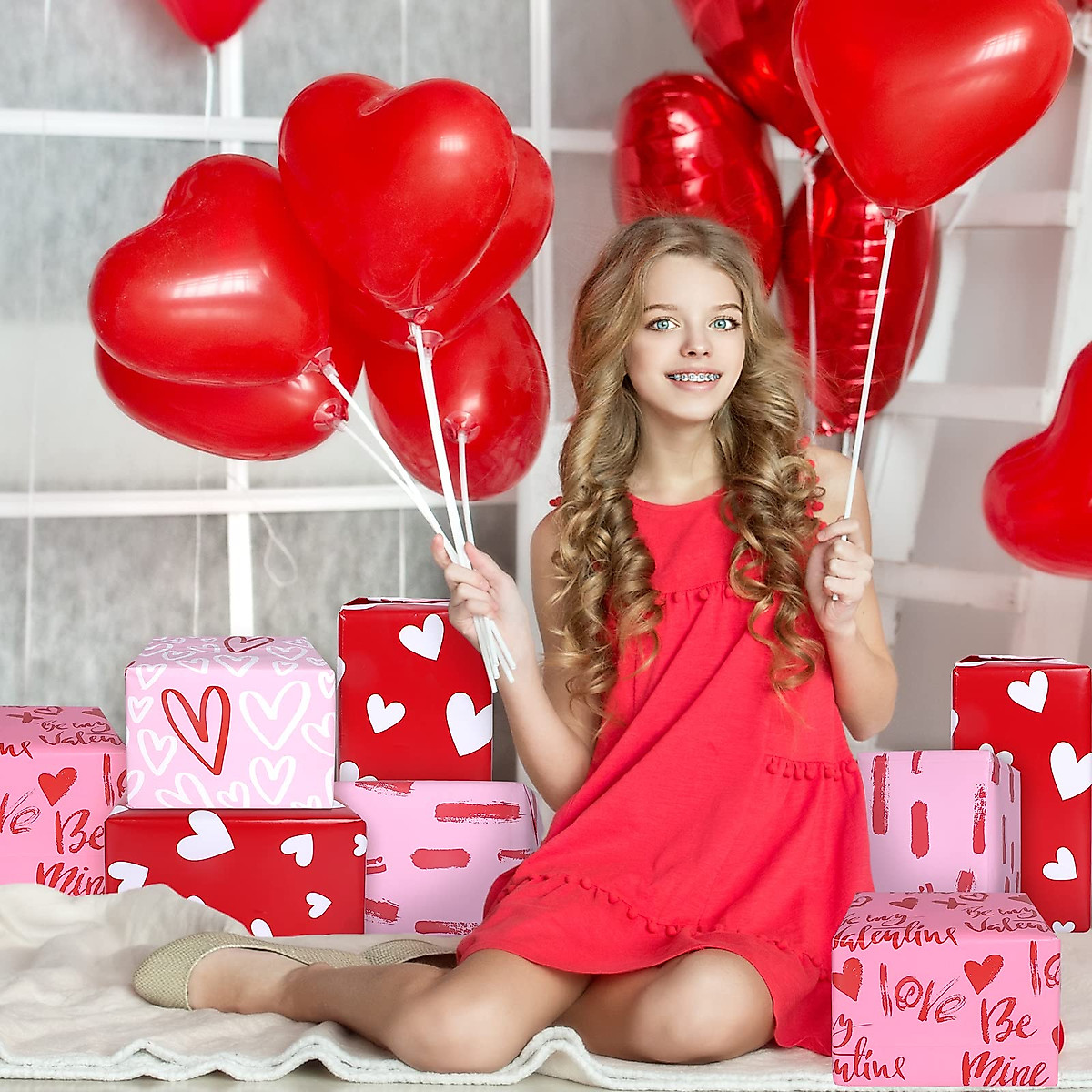 Whaline 12 Sheet Valentine's Day Wrapping Paper Pink Red White Heart pattern Wrapping Paper Love Be Mine Printed Art Paper for Wedding Anniversary Baby Shower Birthday Gift Packing, 19.7 x 27.6 Inch