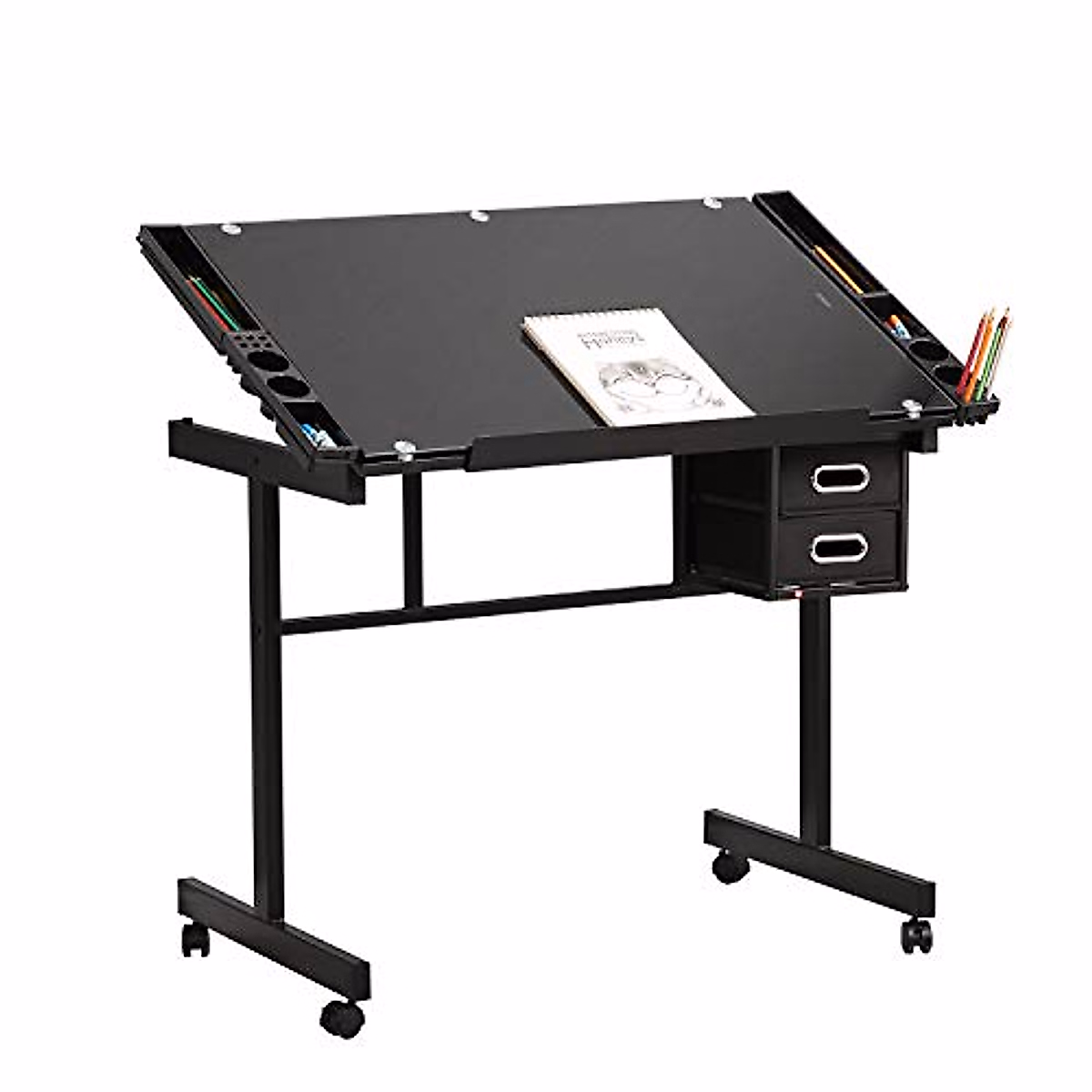 soges Glass Drafting Table, Mobile Drawing Desk with Tilted Tabletop, Art Table with 2 Storage Drawers, Painting Desk for Reading Writing Drawing, Black
