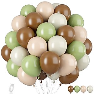Green and Brown Balloons, Sage Green Brown Balloons, Sage Green Brown and Beige Latex Balloons for Safari Jungle Woodland Theme Birthday Baby Shower Party Decorations