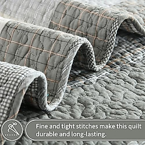 KALOOLA Grey Quilts Queen Size, 100% Cotton Queen Quilt Bedding Set, Farmhouse Rustic Striped Bedspreads, Lightweight Coverlet for All Seasons, 3 Pieces