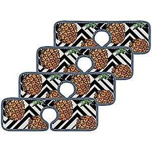Absorbent Kitchen Faucet Mat 4 Pieces Pineapples Black White Geometric Faucet Sink Splash Guard Bathroom Counter and RV,Faucet Counter Sink Water Stains Preventer
