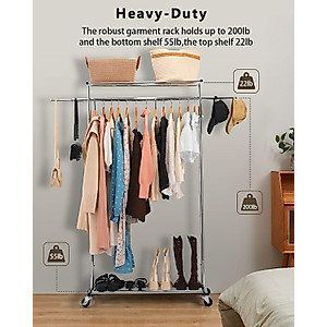 HOUSE AGAIN Clothes Rack on Wheels with Extra Top Storage Shelf, LARGE Rolling Garment Rack for Hanging Clothes, Heavy-duty Metal Clothing Rack Organizer for Bedroom, Living Room -Silver