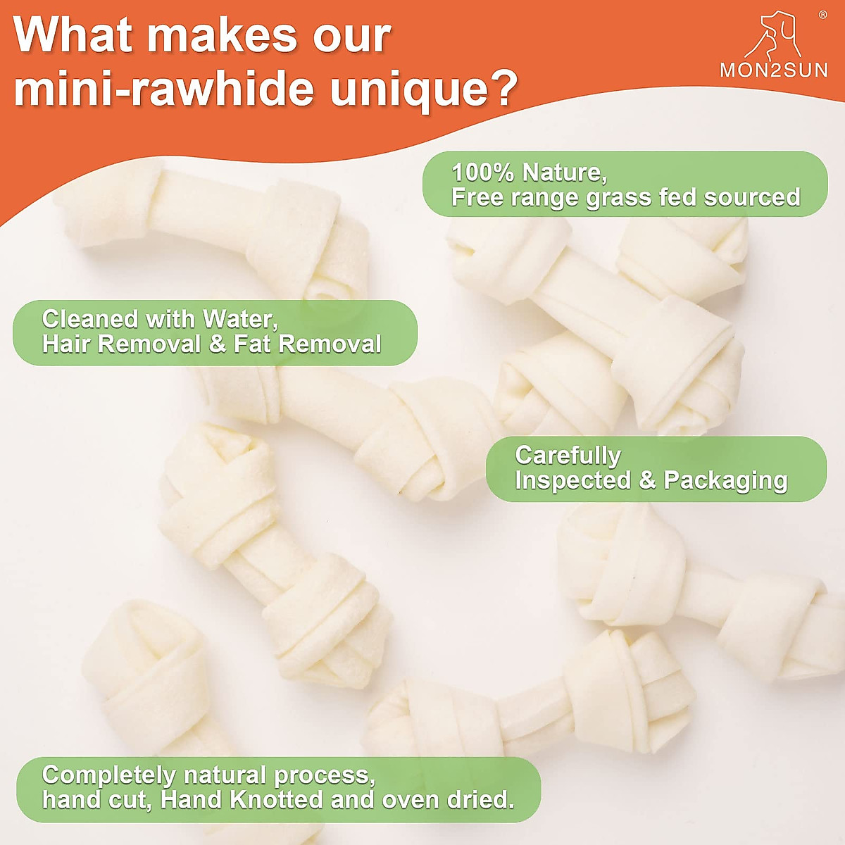 MON2SUN Dog Rawhide Knot Bones Small Rawhide Bones Mini Dog Chew Bones Natural 2.5 Inch 100 Count for Puppy and Small Dogs