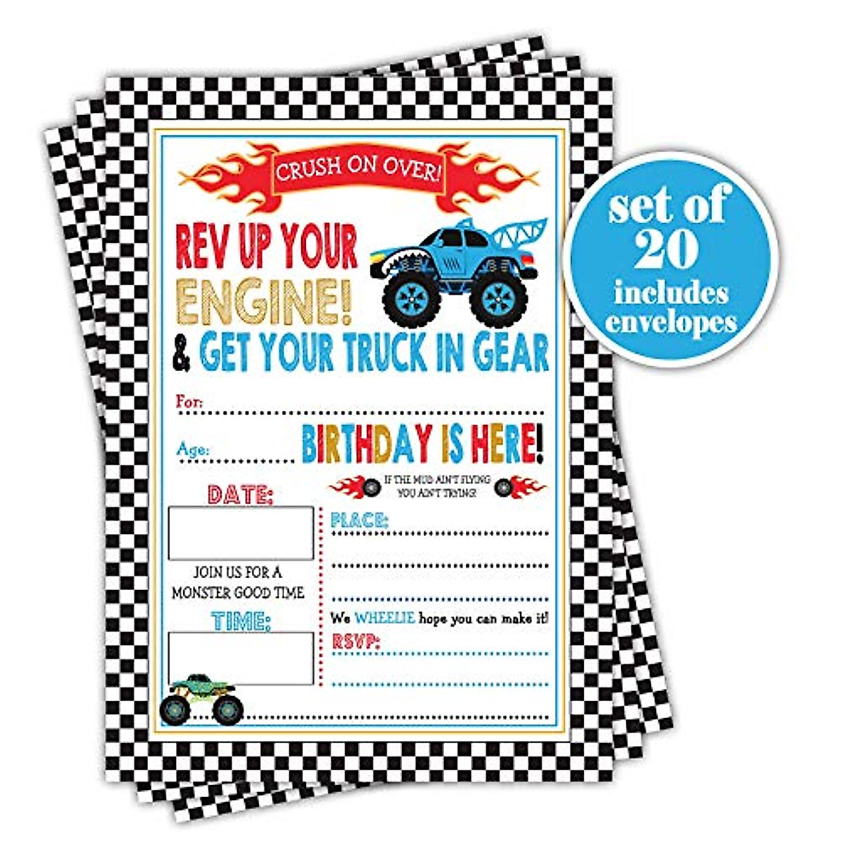Monster Truck Birthday Party Invitations - Set of 20 with envelopes