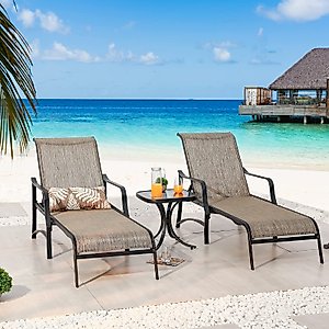 Sports Festival 3 Pcs Chaise Lounge Set of 2 Patio Chairs with Adjustable Backrest in 4 Reclining Levels and 1 Metal Bistro Table with Tempered Glass Top Outdoor Furniture for Poolside