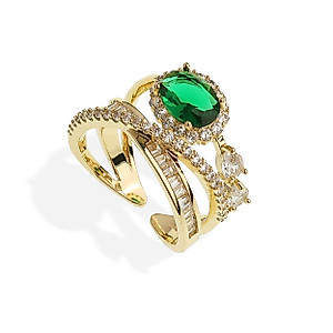Sonateomber Green Crystal Gold Open Stacking Ring for Women - Large Dainty Simulated Emerald Rhinestone Cubic Zirconia Stone Adjustable Statement X Criss Cross Stack Costume Ring Valentine Gift