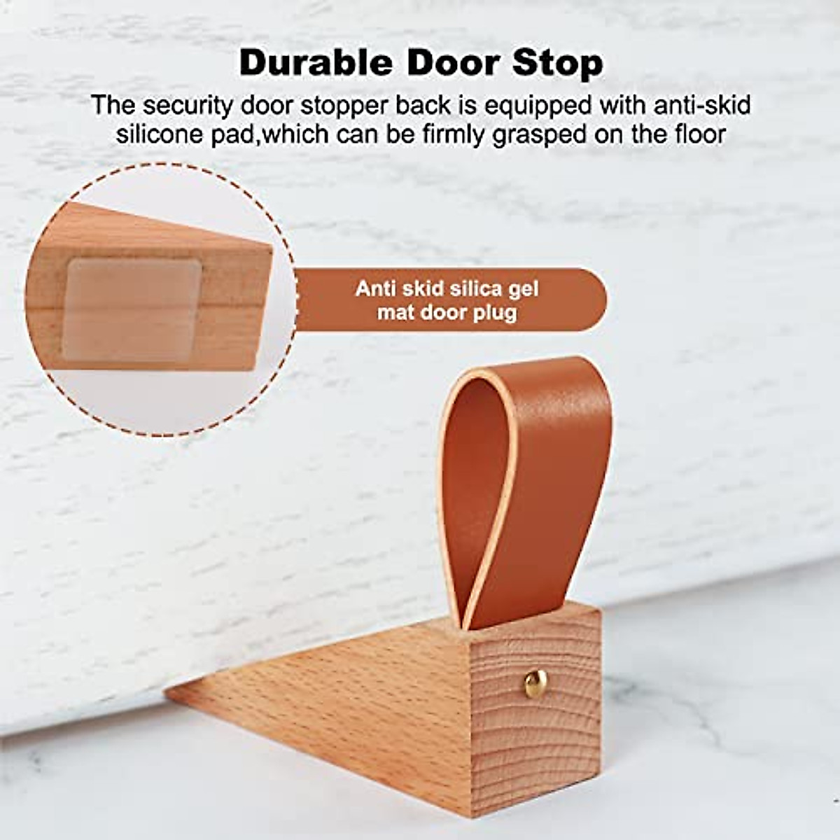Wood Door Stopper, 2 Pack Door Stoppers Wedge with Adhesive Hooks, Solid Beech Wood Door Stop Wedge with Leather Band for Hanging, Wood Door Stoppers for Bottom of Door