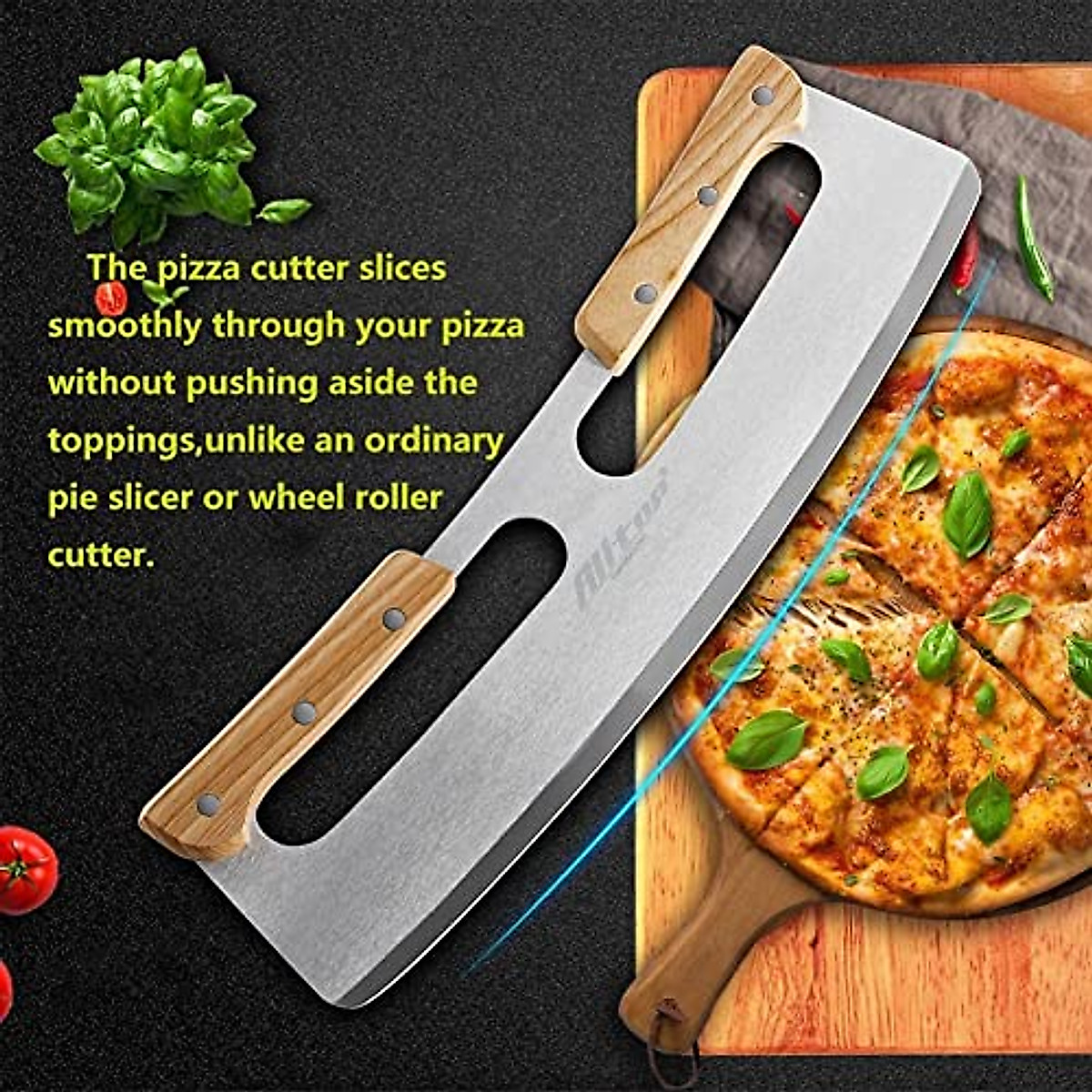 ALLTOP Pizza Cutter Rocker,Stainless Steel Blade Knife With Double Wooden Handle & Plastic Cover, Large Pizza Slicer/Chopper,Good Kitchen Tool -14 In