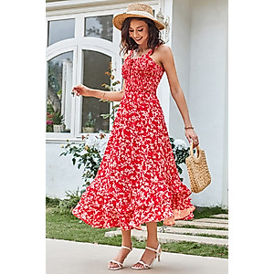 GRACE KARIN Women's 2025 Summer Floral Boho Dress Square Neck Strapped Swing A Line Sundress Beach Long Maxi OutfitsRed L
