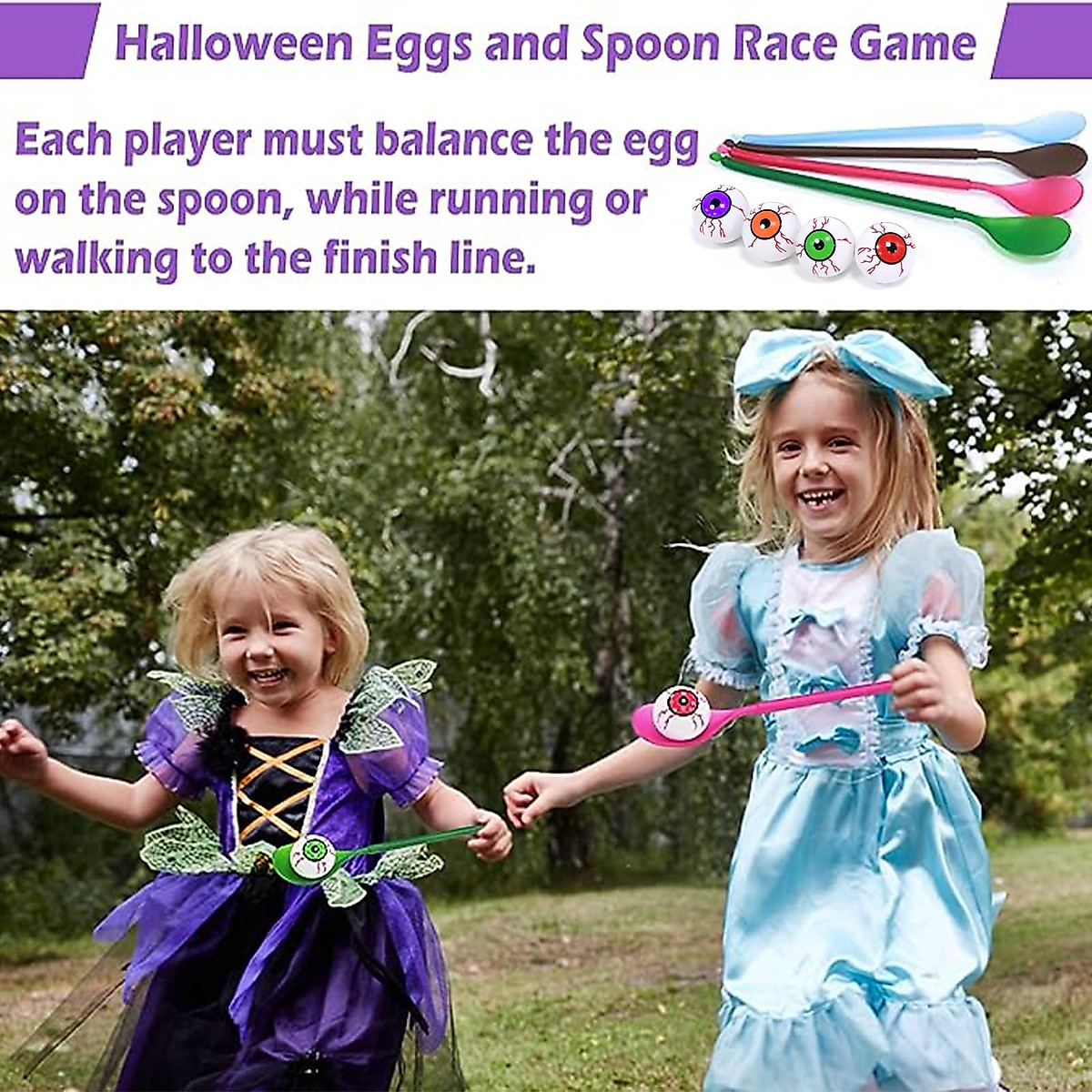 AMENON 12 Player Halloween Games, 12 Halloween Eyeball Egg & 12 Spoon Race Game for Kids Adults, Halloween Party Favors Supplies, Halloween Party Game Toys Outdoor Classroom Carnival Games Treats Gift