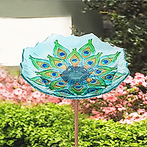 MUMTOP Glass Bird Bath, Garden Outdoor Birdbaths Birdfeeder with Metal Stake Peacock