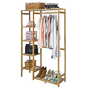 COOGOU Bamboo Wood Clothing Garment Rack with Shelves Clothes Hanging Rack Stand for Child Kids Adults Cloth Shoe Coat Storage Organizer Shelf in Entryway Office Shop Laundry Corner Space Saving