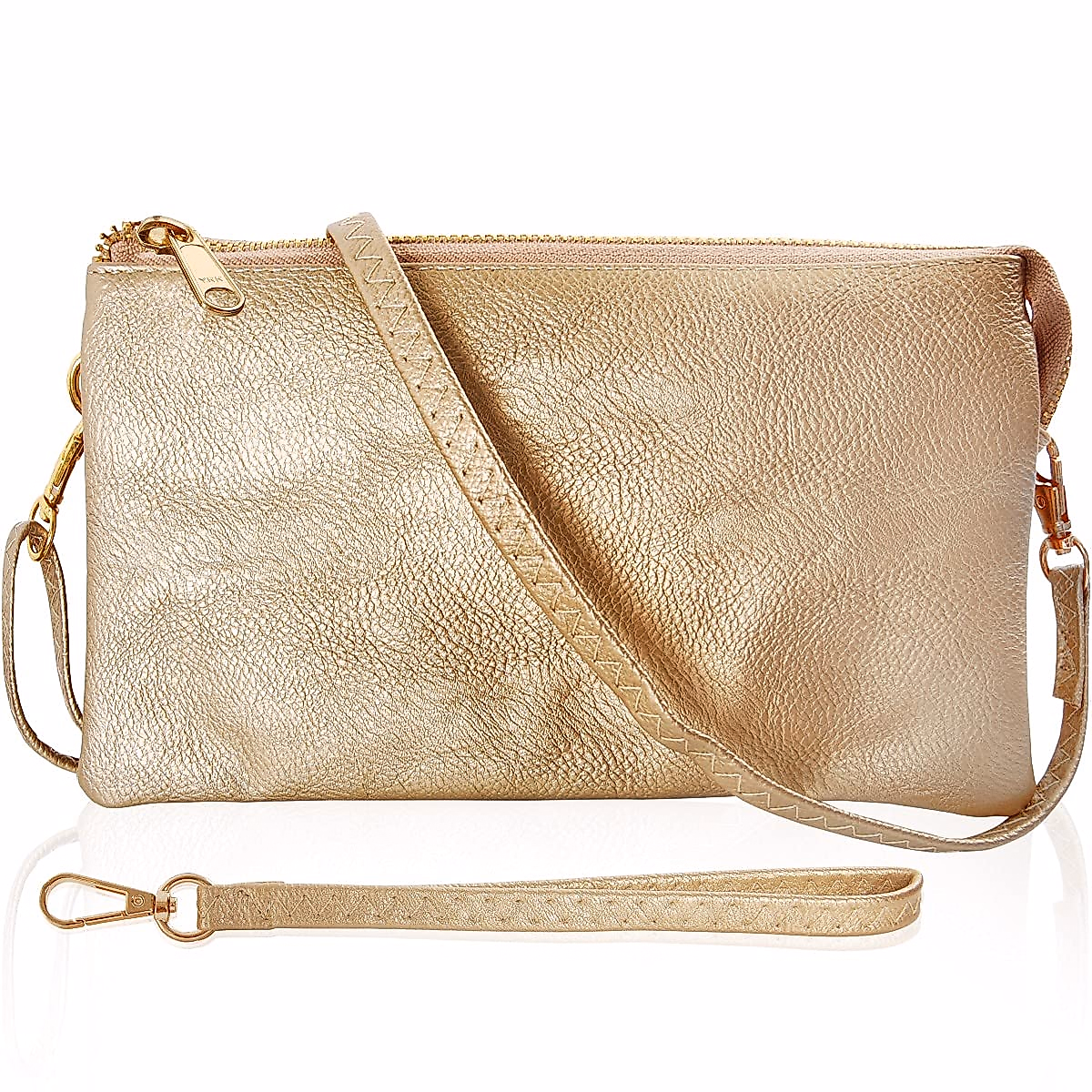 Humble Chic NY Gold Crossbody Purse - Small Gold Wristlet Purse, Crossbody Clutch Wallet for Women, Vegan Leather Clutch Wristlets for Women, Dressy Evening Handbags, Small Vegan Leather Bag