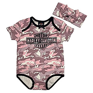 Harley-Davidson Baby Girls' Printed Camo Knit Infant Creeper & Headband (12/18M)