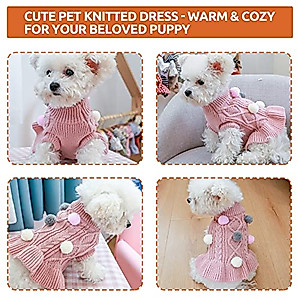 JUDYBRIDAL Dog Sweater Dress, Turtleneck Pet Sweater with Colorful Pom Pom Warm Knitwear Pullover Dog Skirt Puppy Princess Dress Apparel for Small Medium Dogs and Cats (XL | Pink)