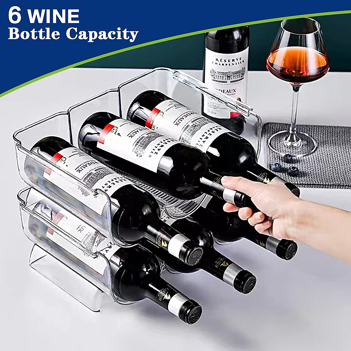 2 Packs Water Bottle Organizer Holders, Kitchen Pantry Refrigerator Organization and Storage Bins, Plastic Stackable Water Bottle Holders, Each Rack Holds 3 Containers (Clear)