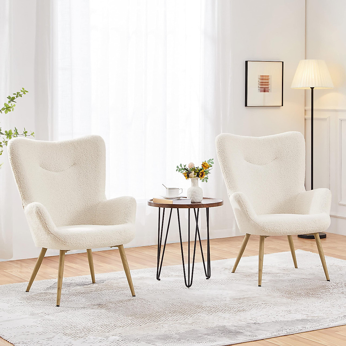 Yaheetech Boucle Accent Chair, Modern Fluffy Sherpa Armchair with High Back and Wood-Tone Metal Legs, Fuzzy Barrel Chair for Living Room Bedroom Home Office, Ivory, 2pcs