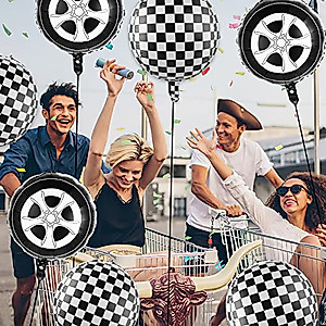 12 Pieces Black and White Checkered Balloons, Race Car Balloons Car Wheel Balloons Tire Balloons Aluminum Foil Checkered Flag Balloons for Racing Theme Birthday Party Decoration Supplies 18 Inch