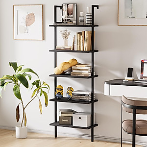 aboxoo Ladder Shelf 2PCS Open Bookshelf 5-Tier Wood Wall-Mounted Black Bookcase Storage Rack Open Industrial Modern Plant Stand Utility Organizer Bookcase Metal Frame Furniture Office Kitchen Bedroom