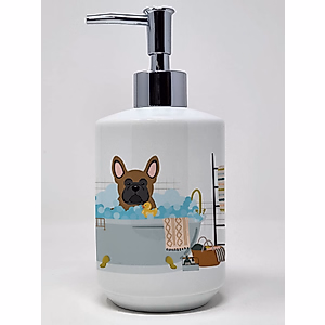 Caroline's Treasures WDK5710SOAP Brown French Bulldog in Bathtub Ceramic Soap Dispenser Hand Soap Dispenser Pump Bottles for Bathroom Kitchen, Empty Refillable Liquid Soap Container